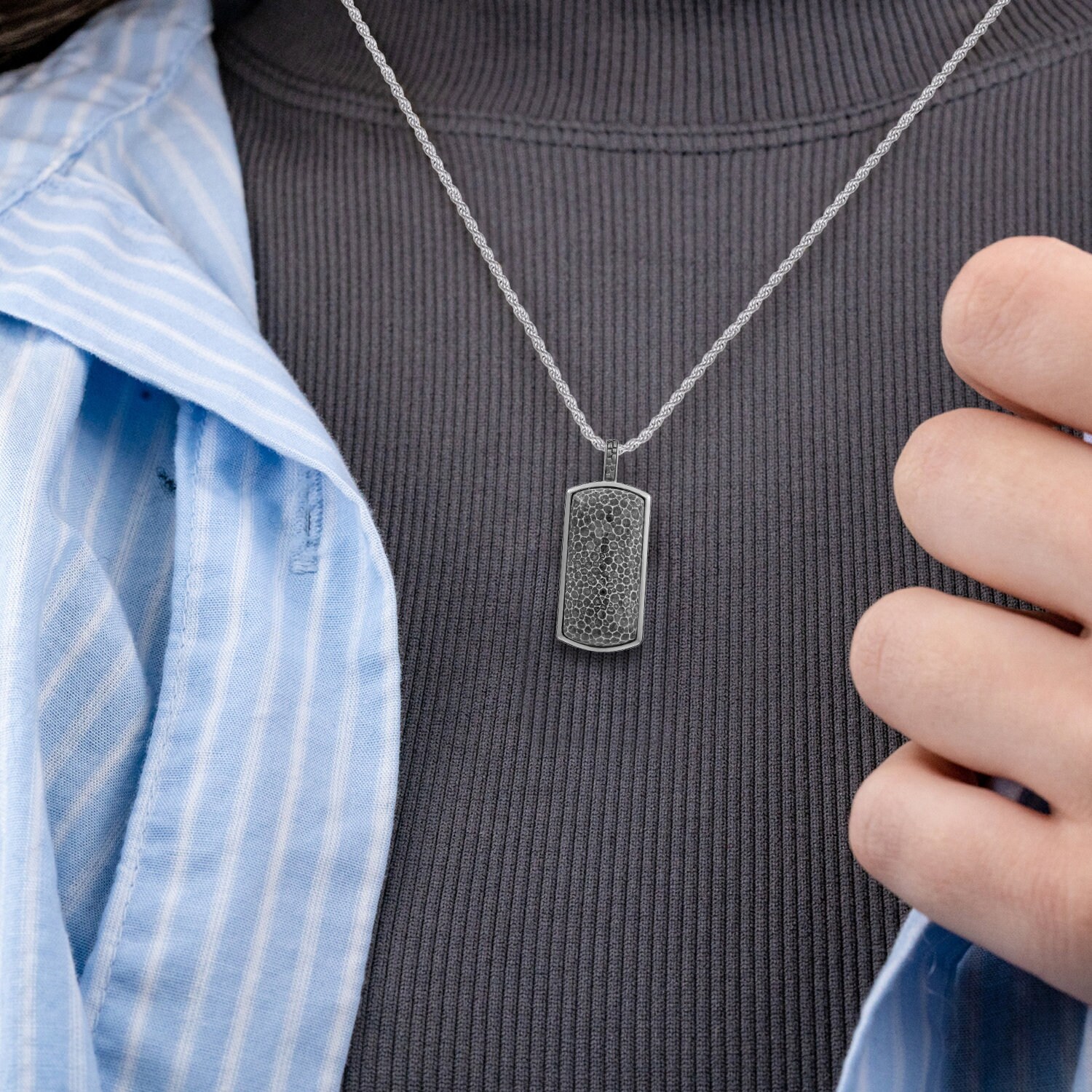 Fossil Agate Stone Tag in Black Rhodium - Etsy