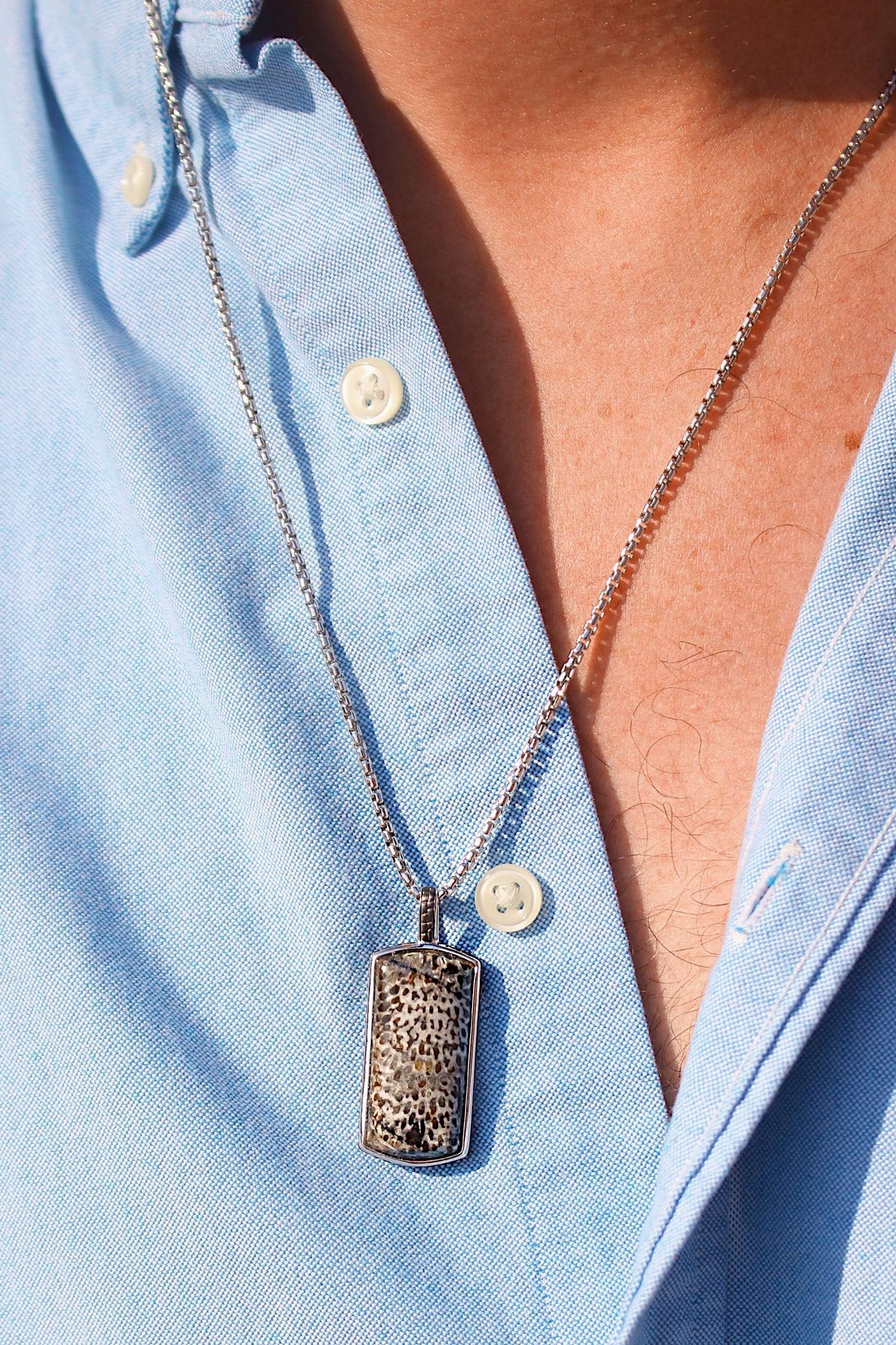 Fossil Agate Stone Tag in Black Rhodium - Etsy