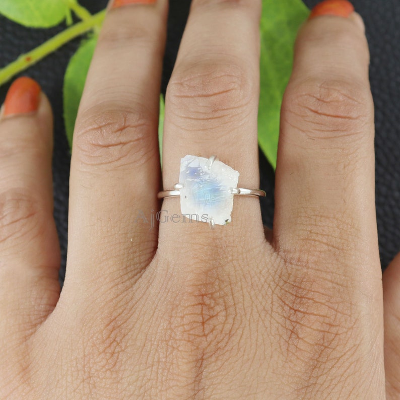 Raw Moonstone Ring Raw Crystal Ring Rainbow Moonstone 925 - Etsy