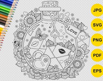 Zentangle Coloring Page for Valentine's Day and Wedding. | Etsy