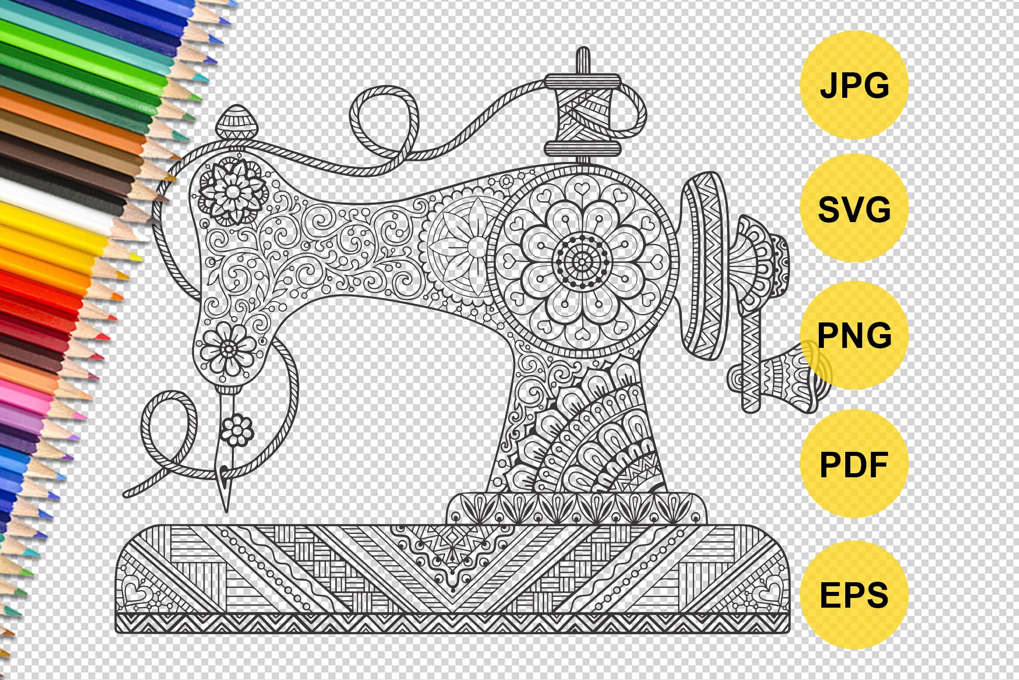 Vintage mandala sewing machine. Printable zentangle coloring | Etsy