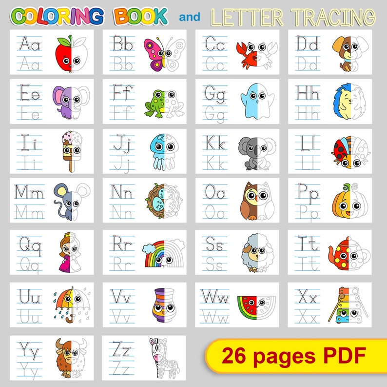 Printable Worksheet. Alphabet Coloring Book and Handwriting - Etsy