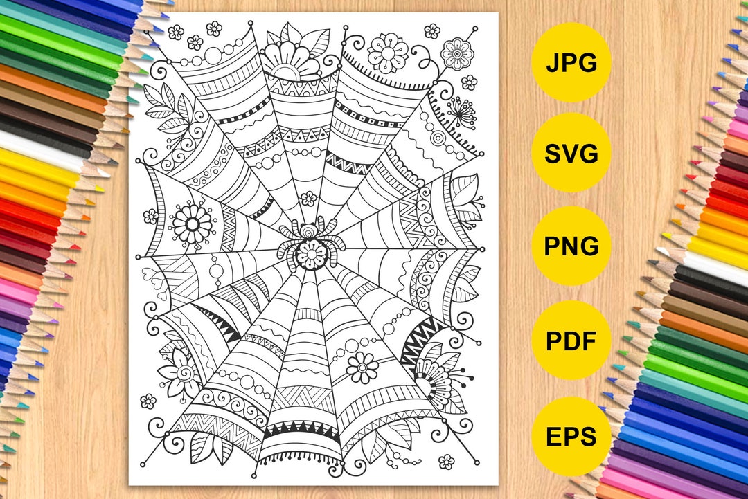 Spider Web Coloring Page for Adult. Printable Zentangle Coloring for ...