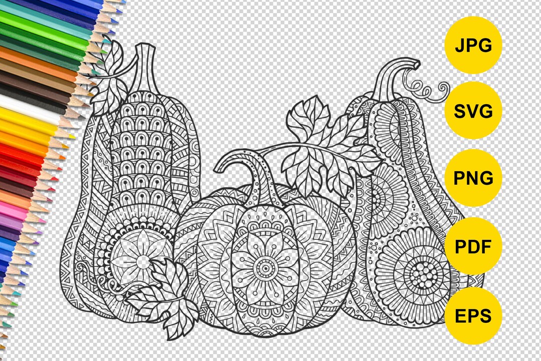 Autumn Vector Coloring for Adults. Pumpkins in Mandala Style. Printable ...