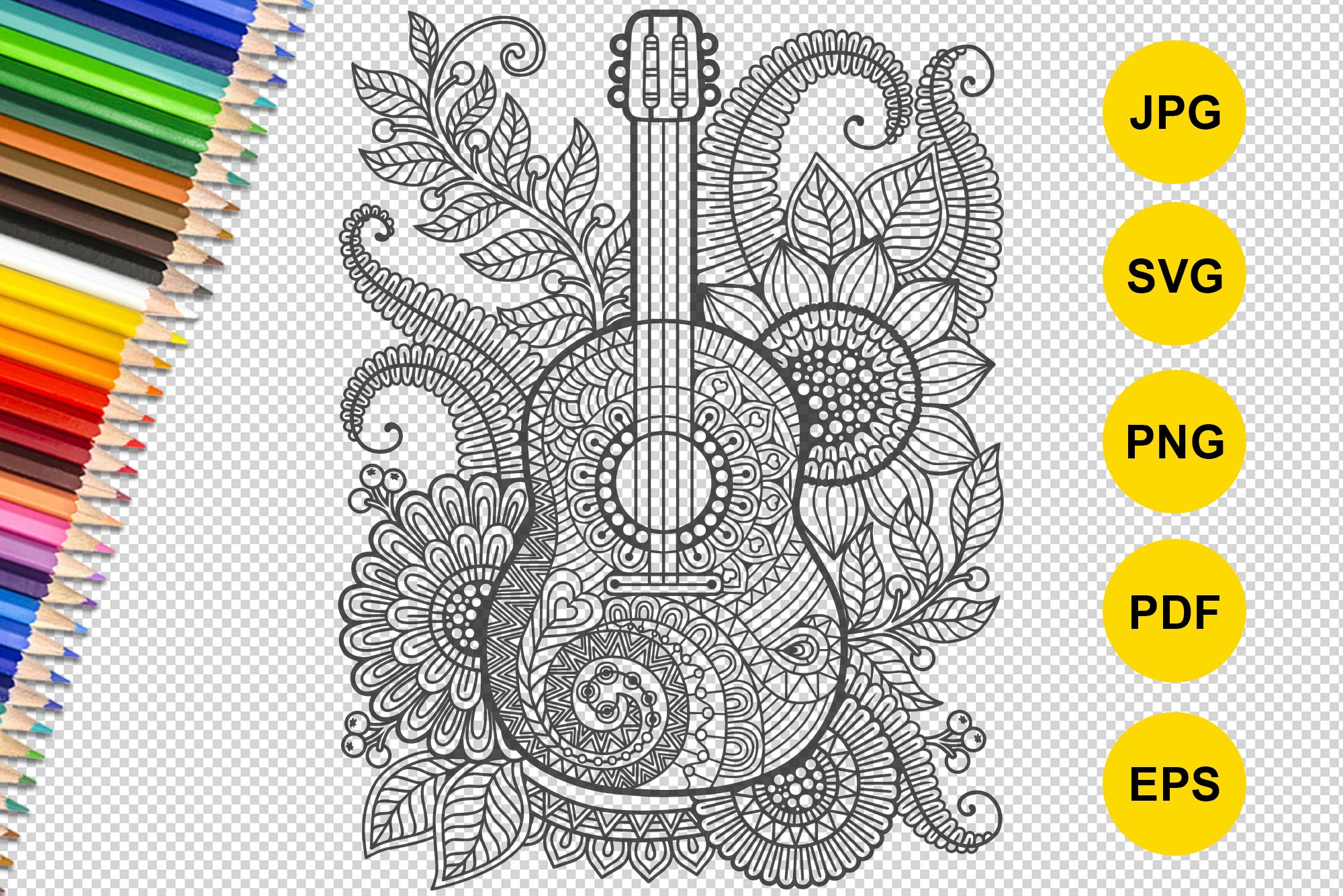 Guitar Music and Flower. Coloring Zentangle for Print or - Etsy UK