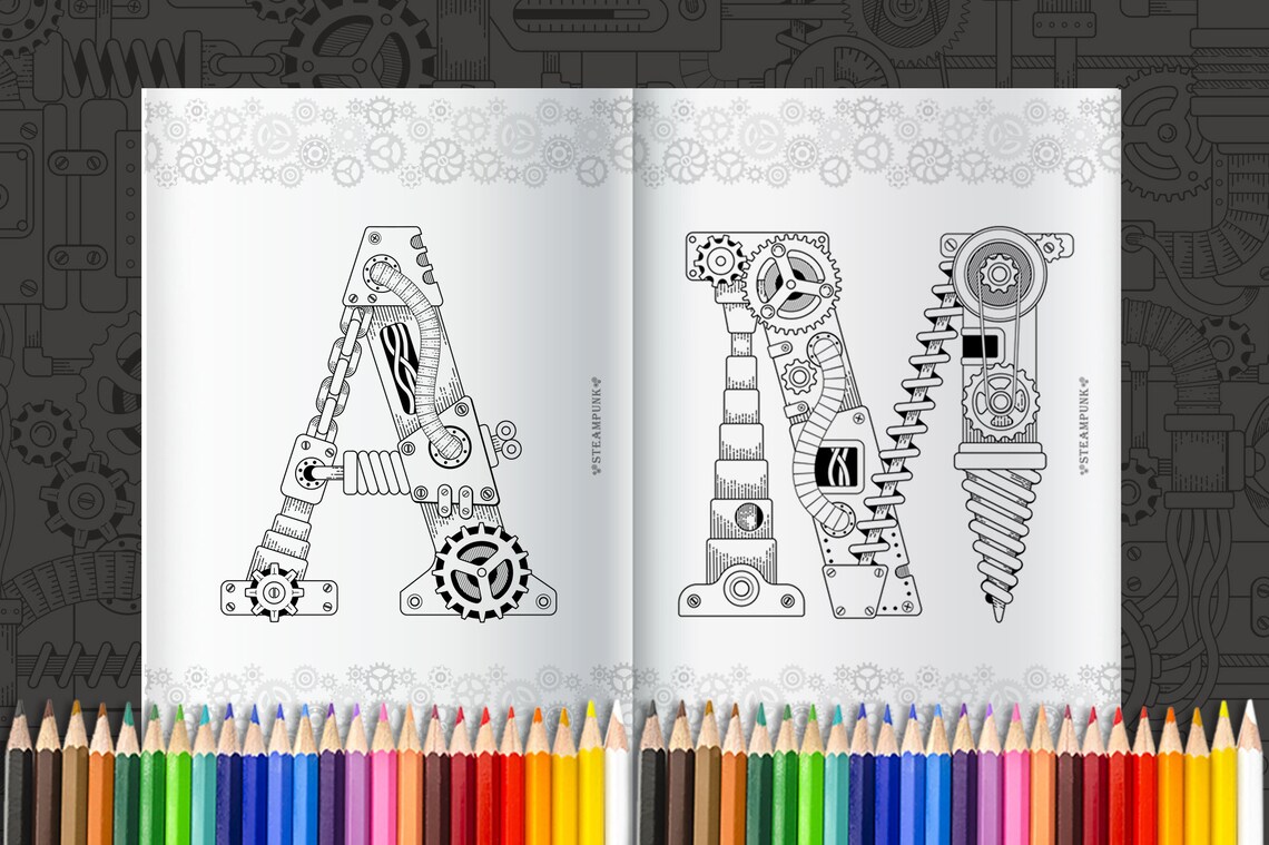 Printable Coloring Book Steampunk Alphabet. PDF Coloring Page. | Etsy