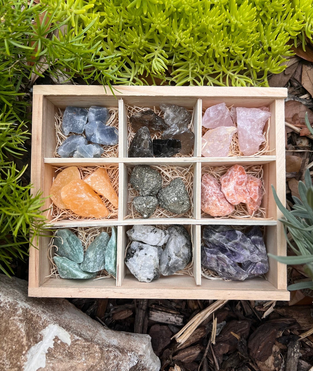 Crystal Gift Set With Wooden Box Display Case | Natural Rocks for Decor ...