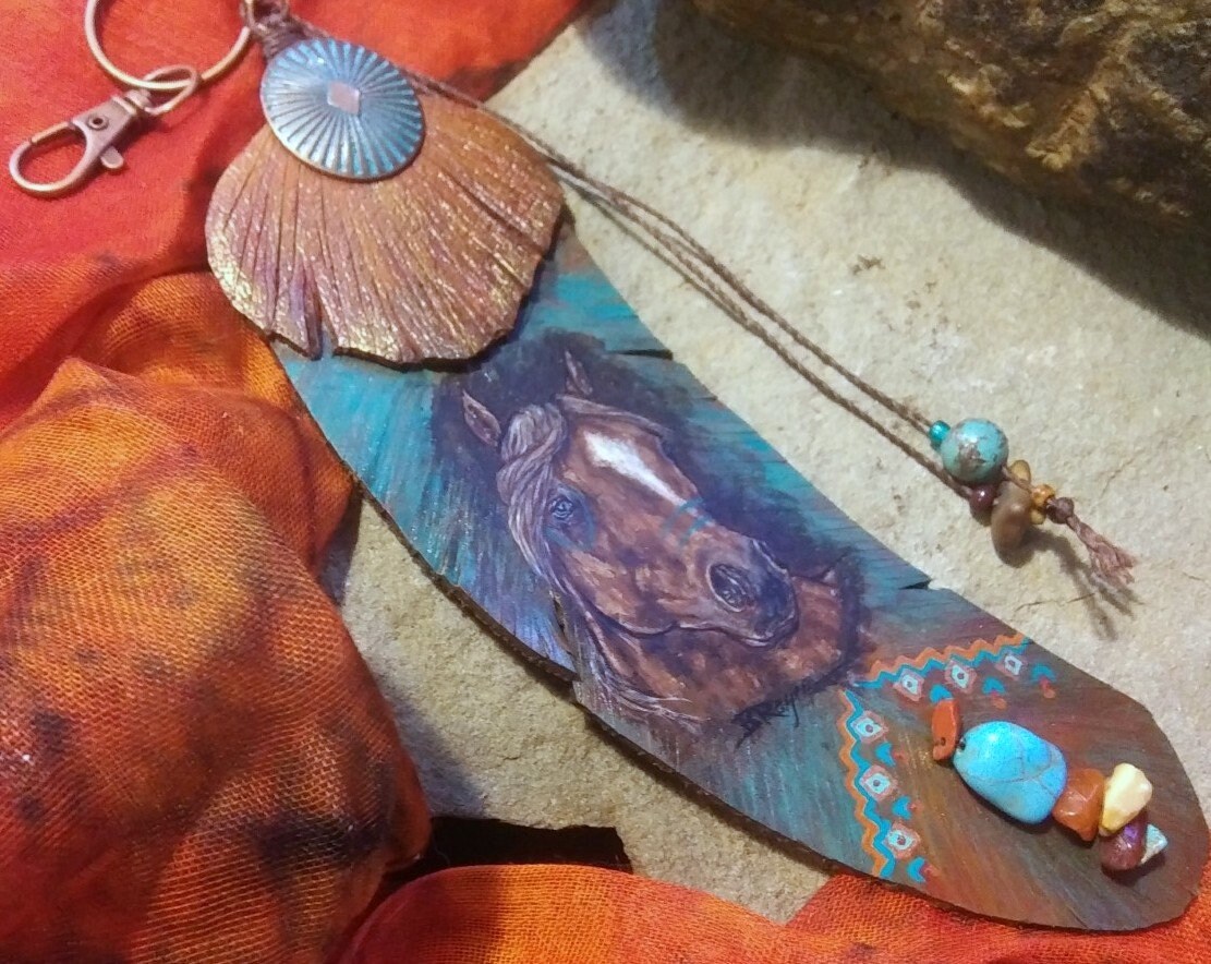 Western genuine leather carved and painted purse charm | painted native ...