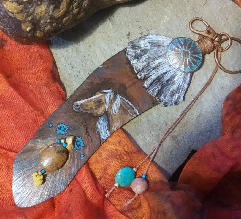 Artist original painted leather feather western charm | painted native ...