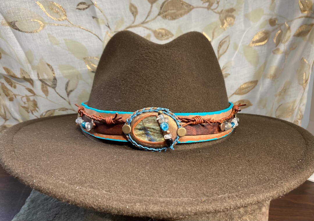 Leather Cowboy Hat Band, Labradorite Gemstone Western Hat Embellishment ...