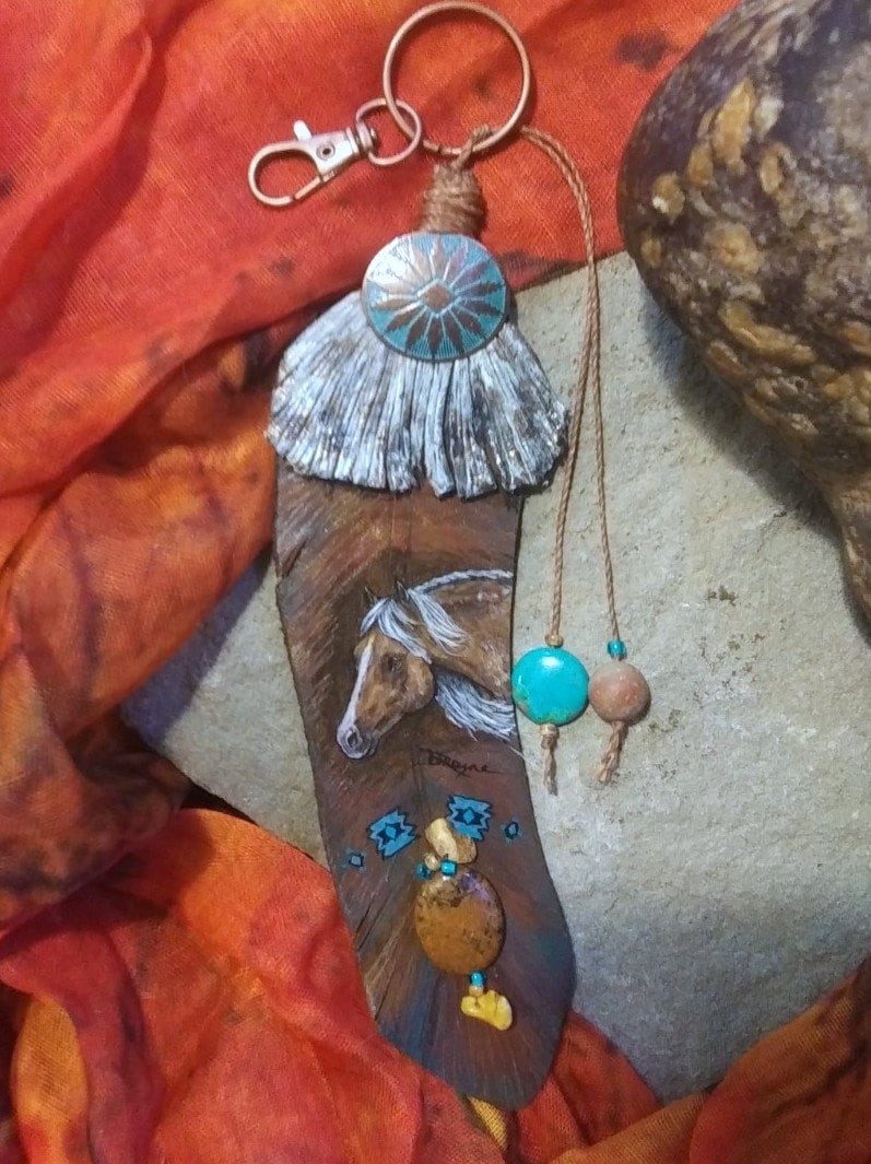 Artist original painted leather feather western charm | painted native ...