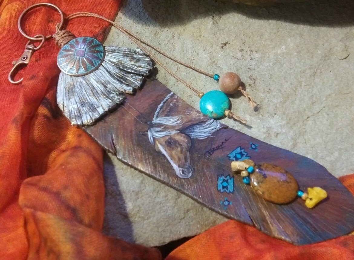 Artist original painted leather feather western charm | painted native ...