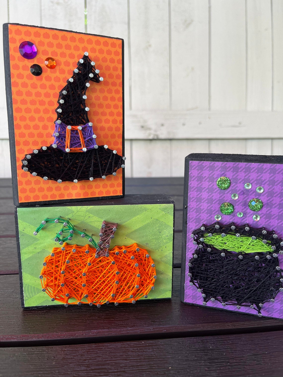 Set of 3 Halloween Wood Blocks String Art, Witch Hat W/cauldron String ...