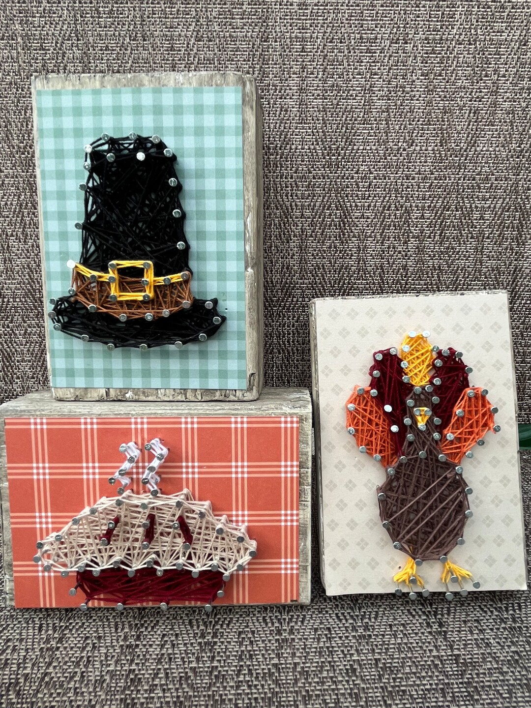Set of 3 Thanksgiving Blocks W/turkey, Pie and Pilgrim Hat String Art ...