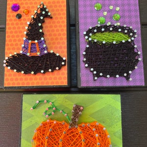 Set of 3 Halloween Wood Blocks String Art, Witch Hat W/cauldron String ...