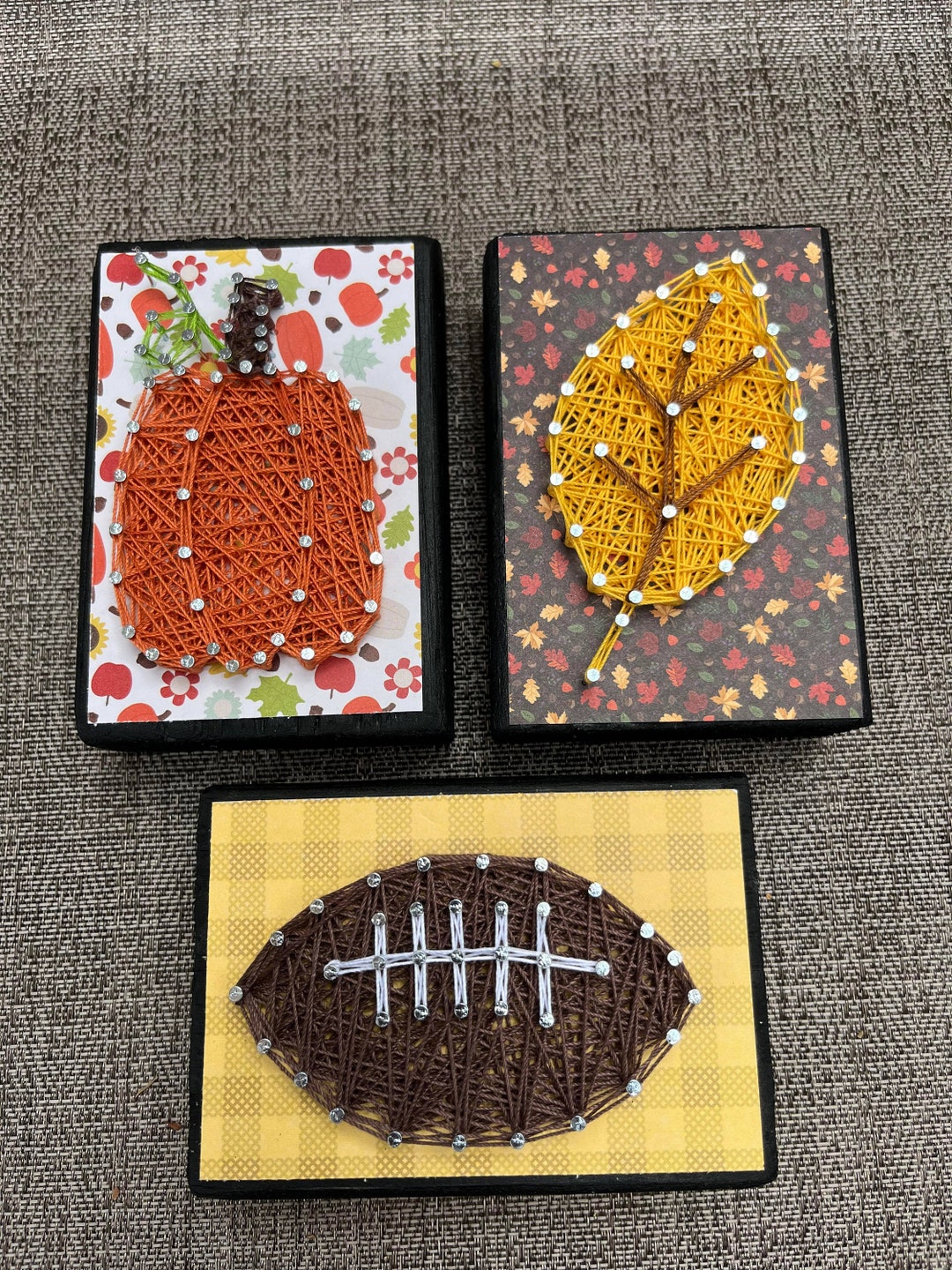 Set of 3 Fall Wood Blocks W/ Pumpkin, Football and Leaf String Art ...