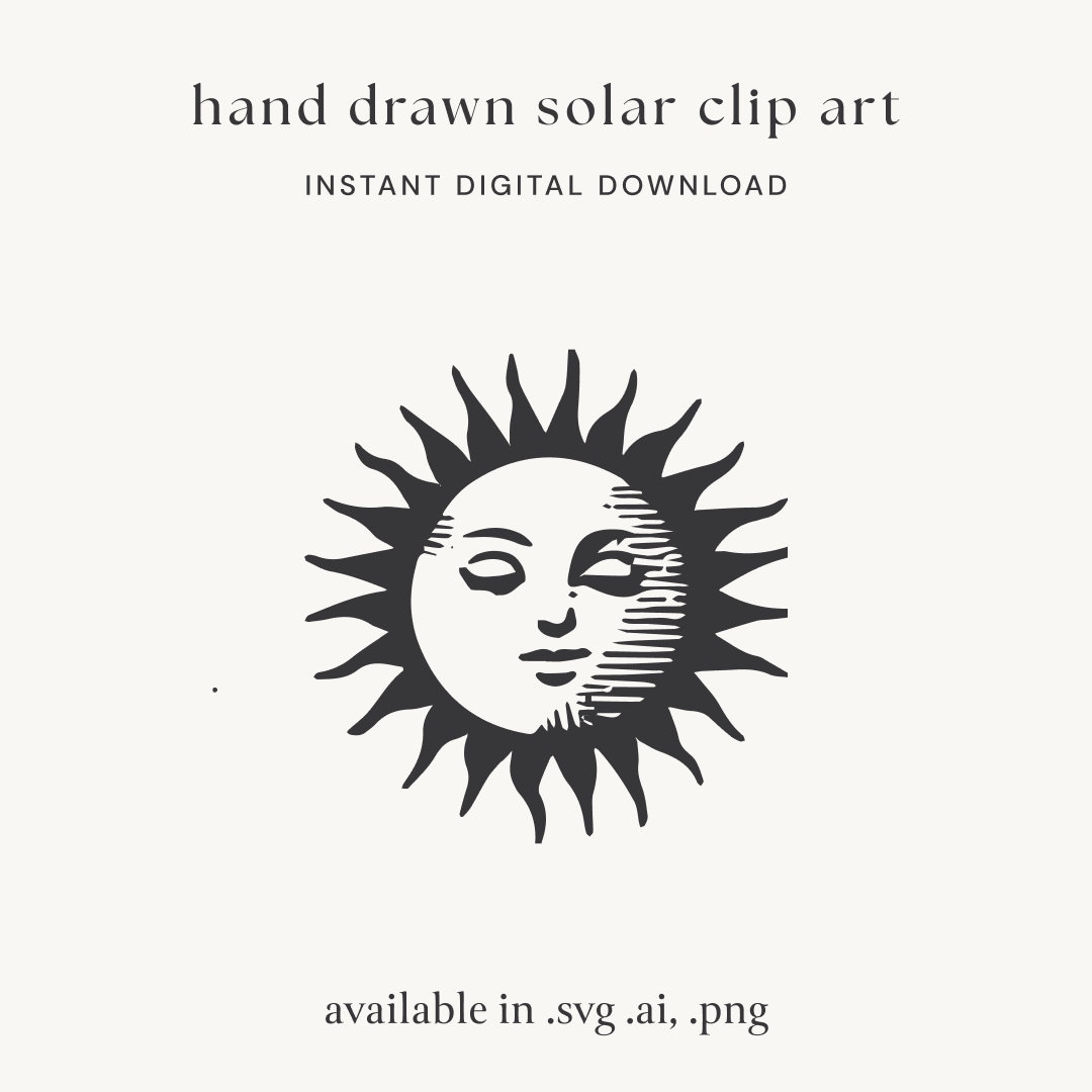 Hand Drawn Vintage Sun Face Clip Art, Celestial Rustic Mystical Vextor ...