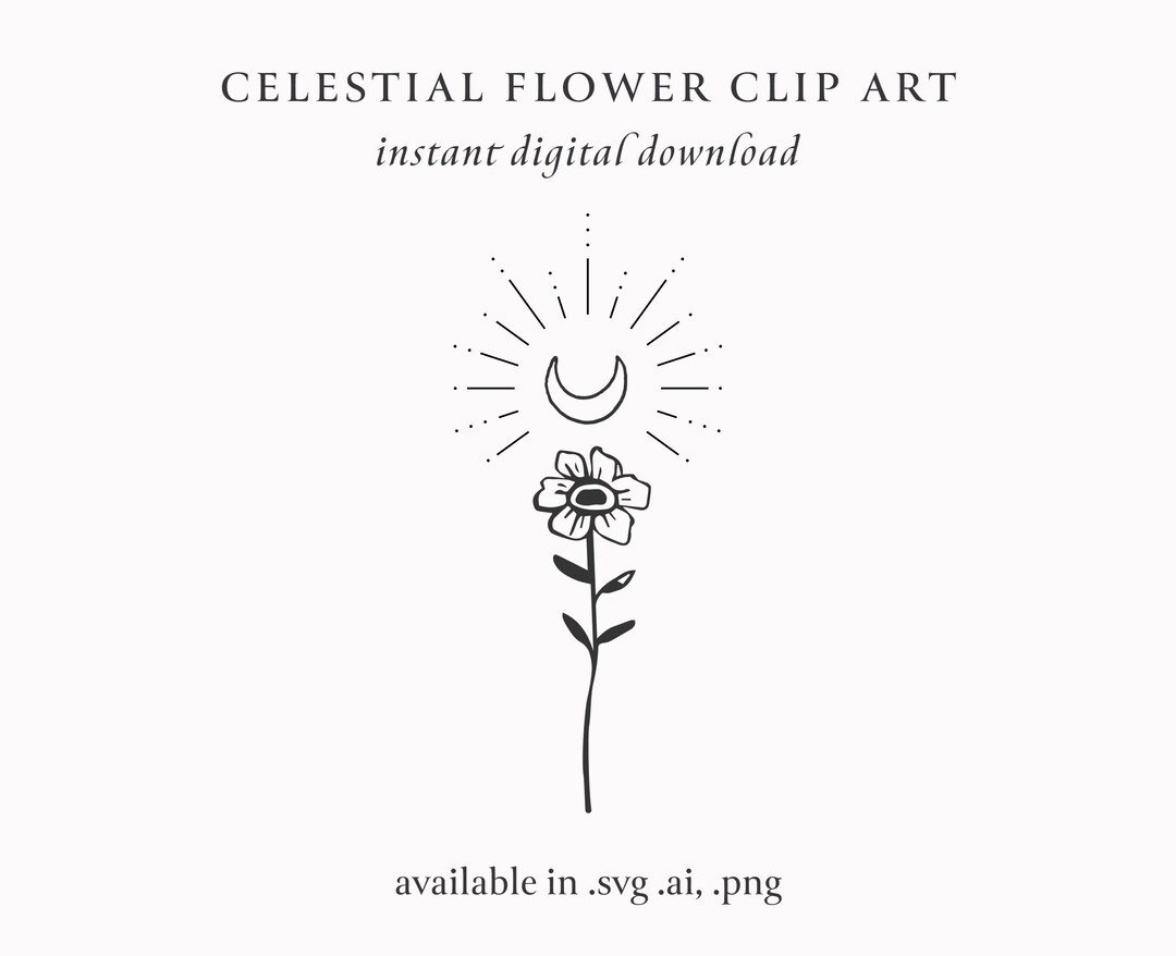 Celestial Floral Tattoo SVG, Hand Drawn Floral Botanical Clip Art, Moon ...