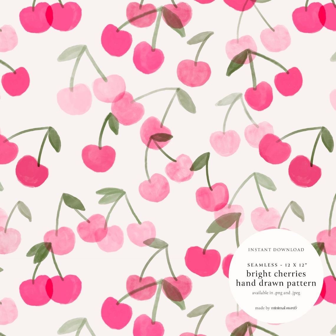 Seamless Cherry Pattern, Cottage Core Fabric Digital Paper, Summer Hand ...