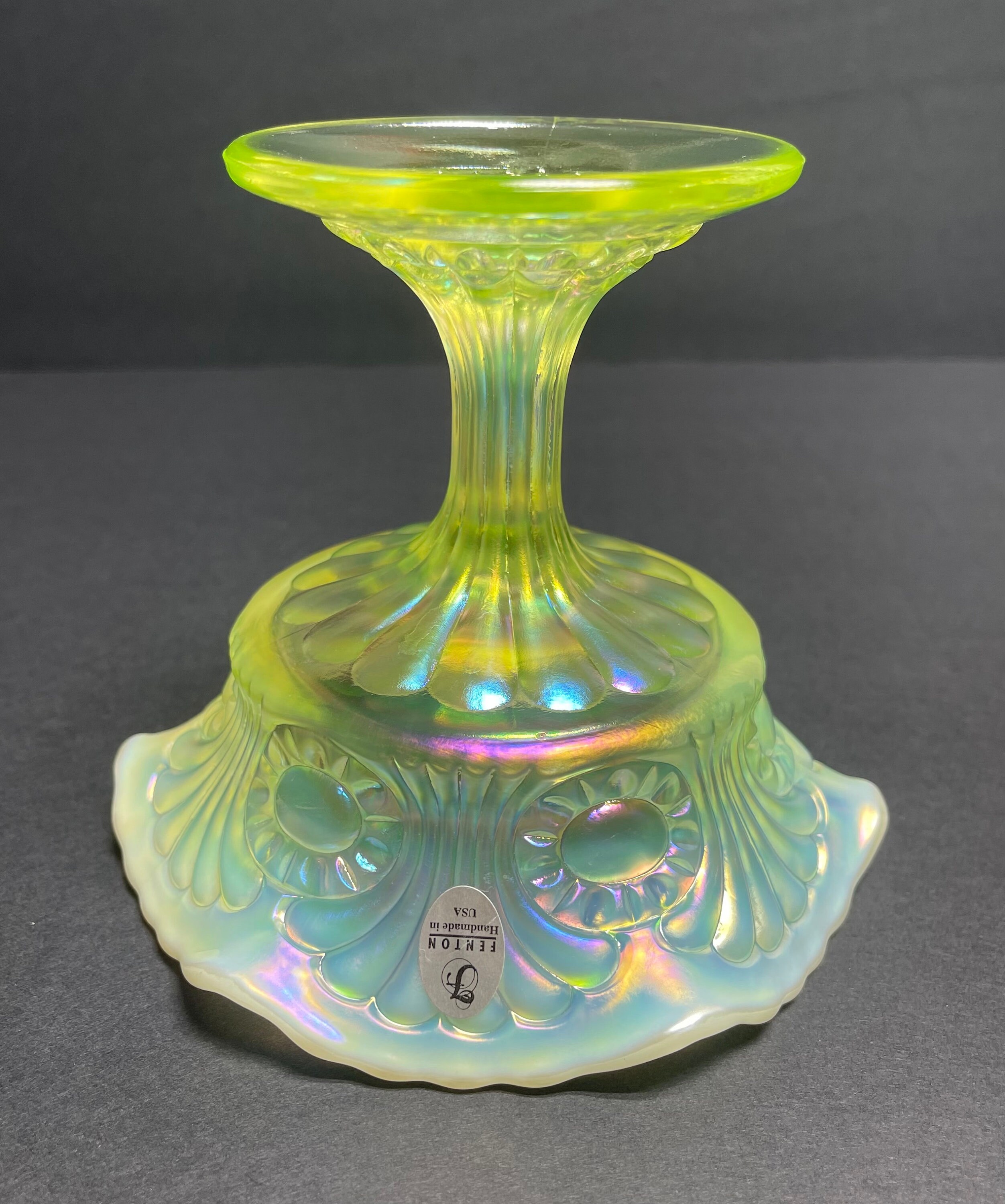 Fenton Topaz Opalescent Iridescent Glass Footed Compote Dish Eye Scroll ...