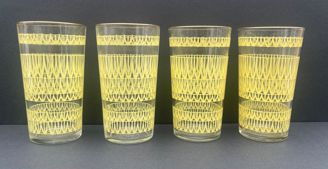 Vintage MCM Glasses Tumblers Drinking Glass Yellow Scallop Gold Rim Lot ...