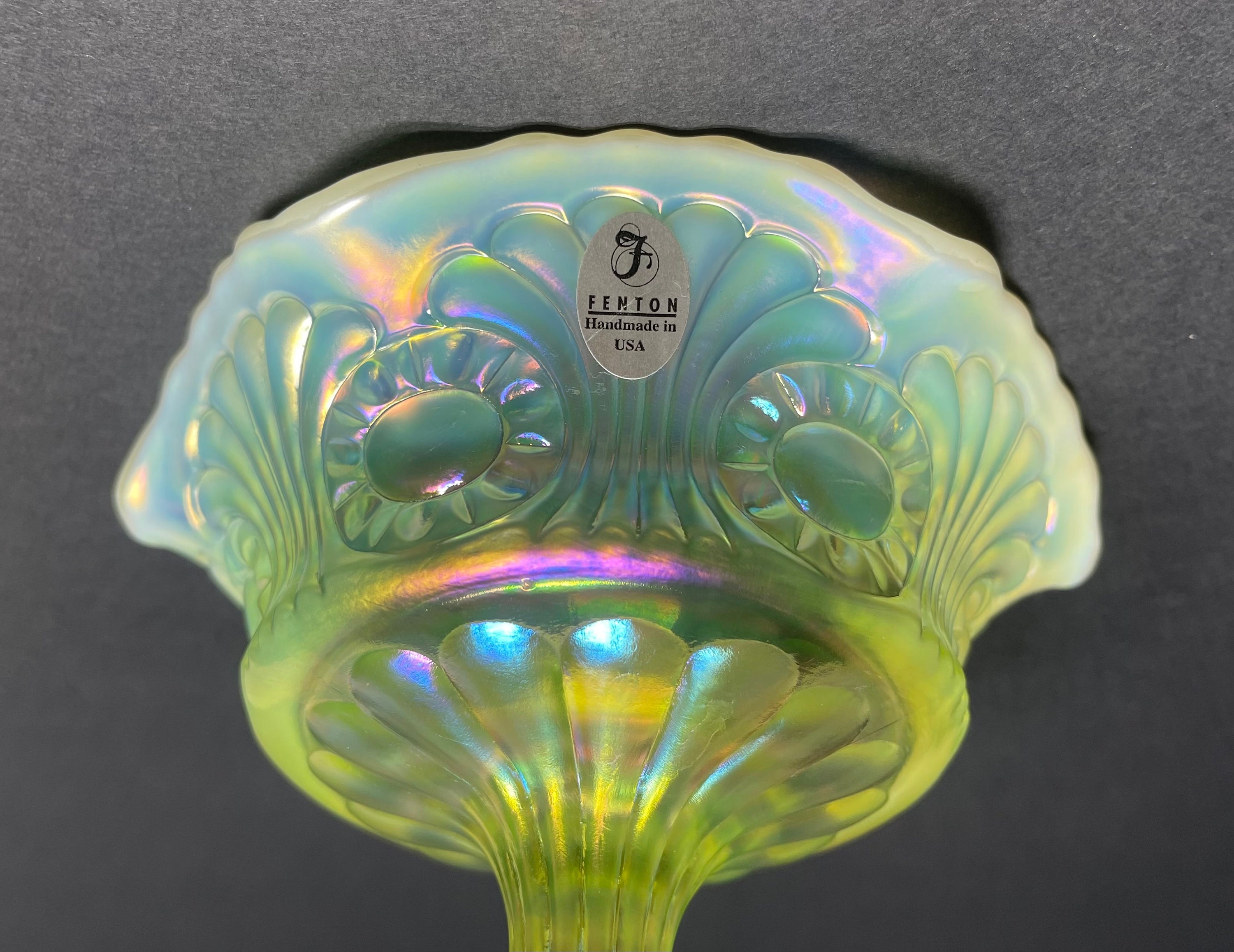 Fenton Topaz Opalescent Iridescent Glass Footed Compote Dish Eye Scroll ...