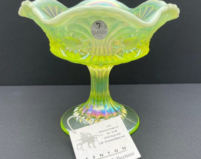 Fenton Topaz Opalescent Iridescent Glass Footed Compote Dish Eye Scroll ...