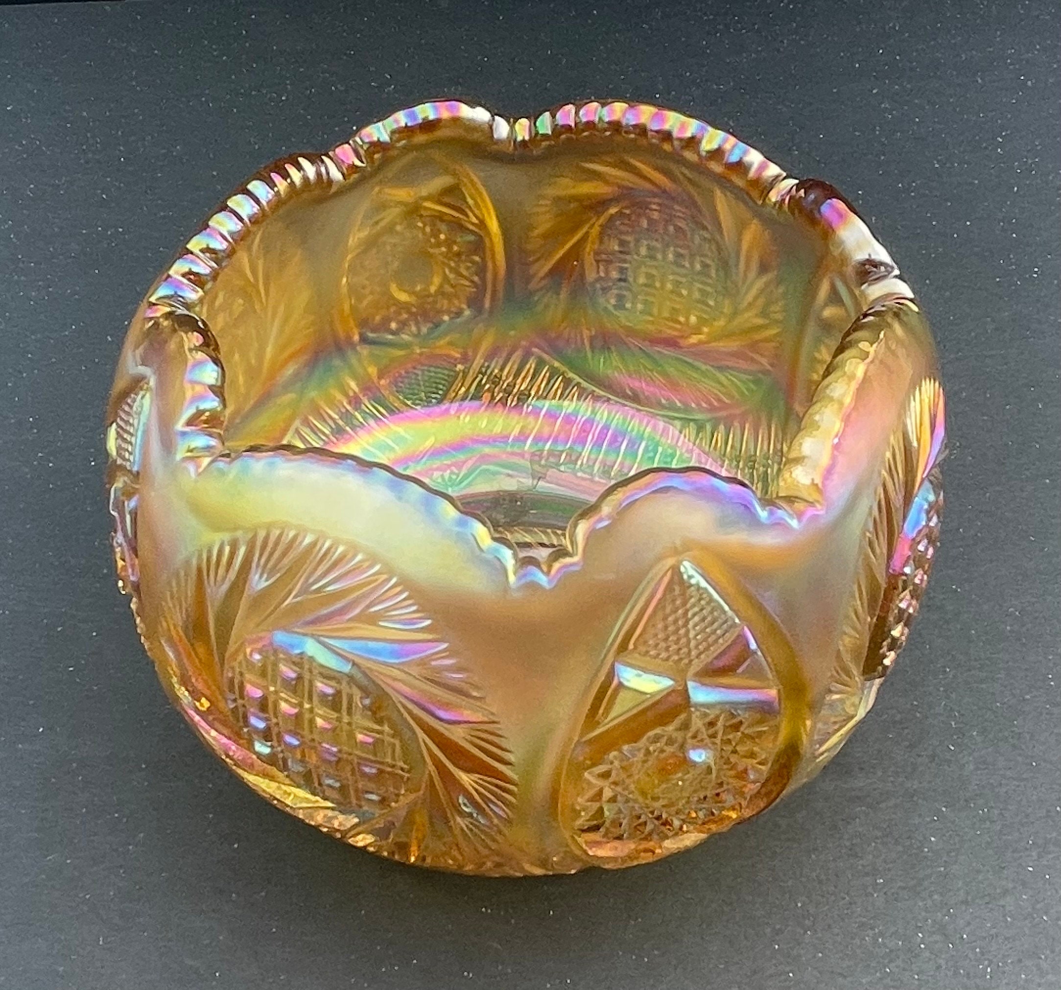 Fenton Marigold Amber Carnival Glass Rose Bowl Vase Iridescent ...