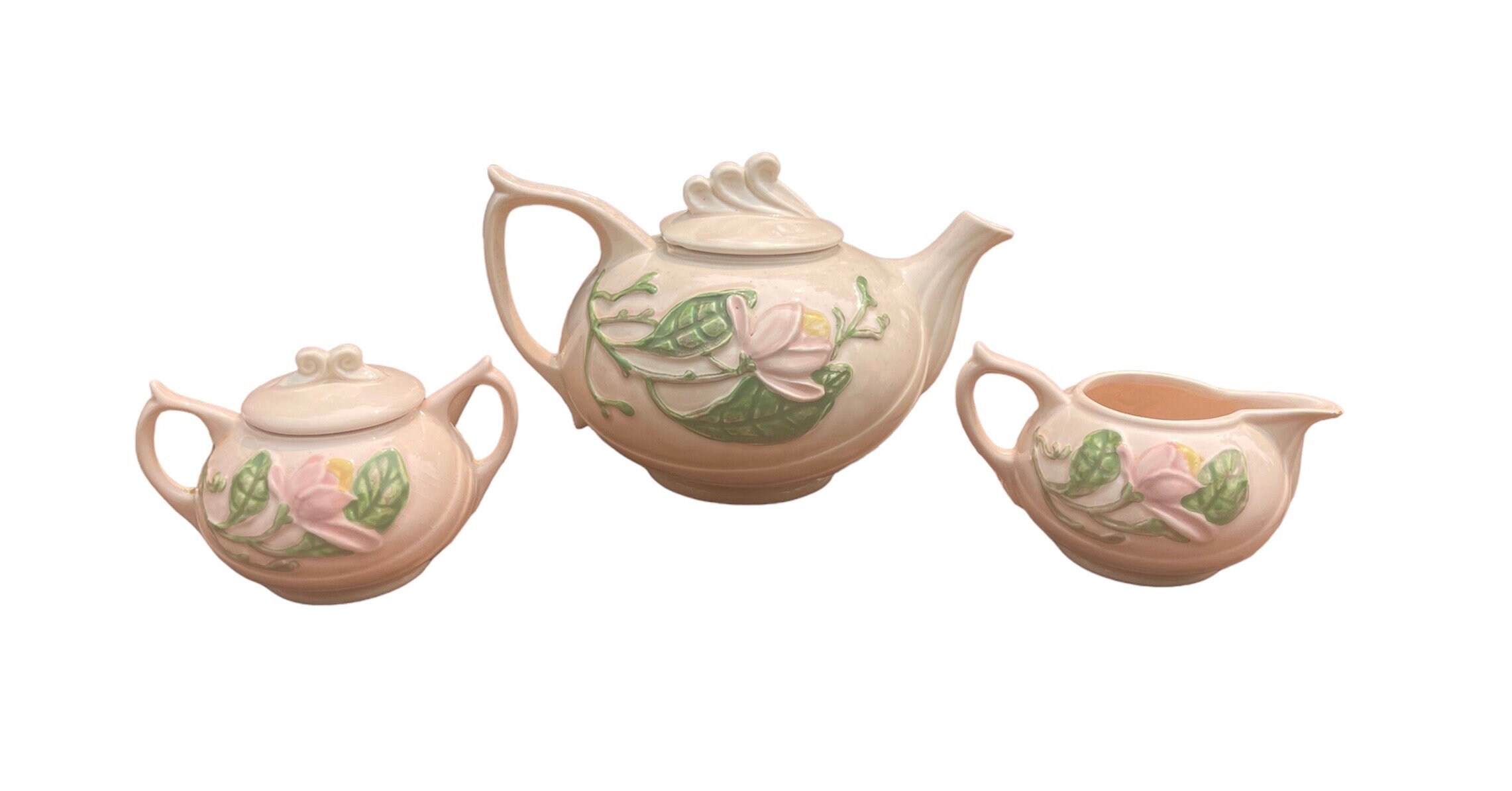 Hull Pottery Teapot Sugar Bowl Creamer Magnolia Floral Pink 3 Piece Tea ...