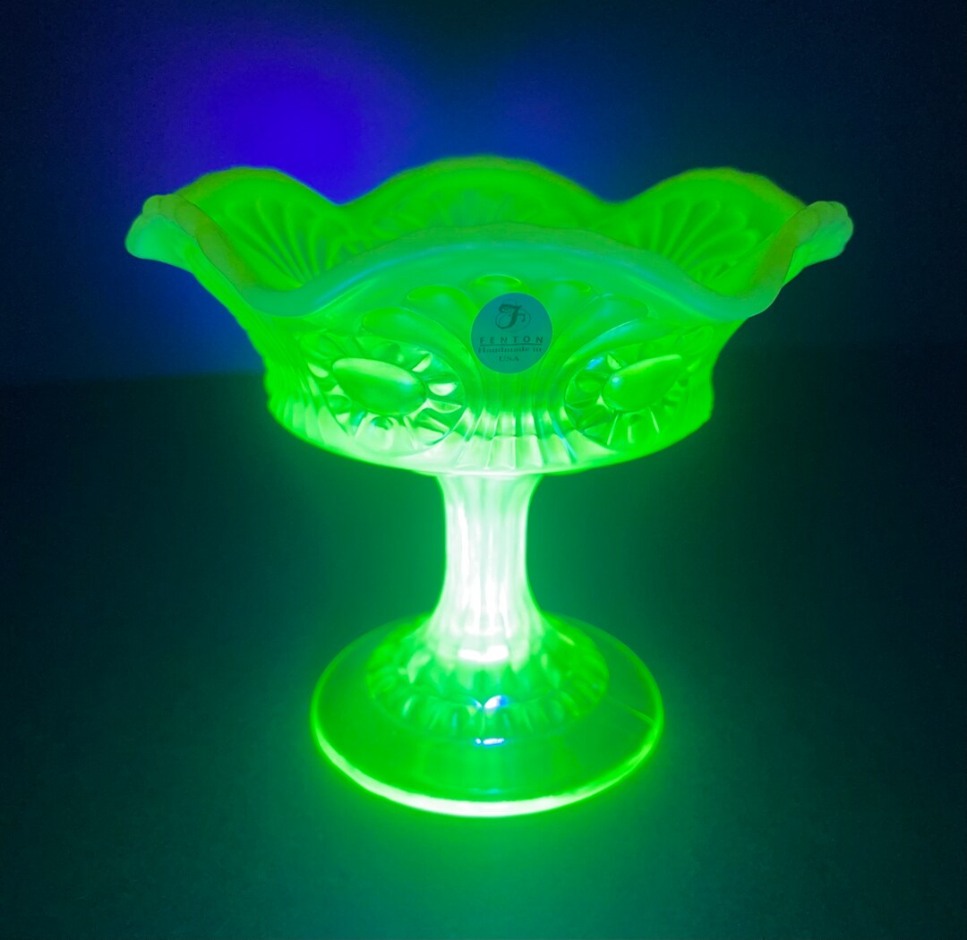 Fenton Topaz Opalescent Iridescent Glass Footed Compote Dish Eye Scroll ...