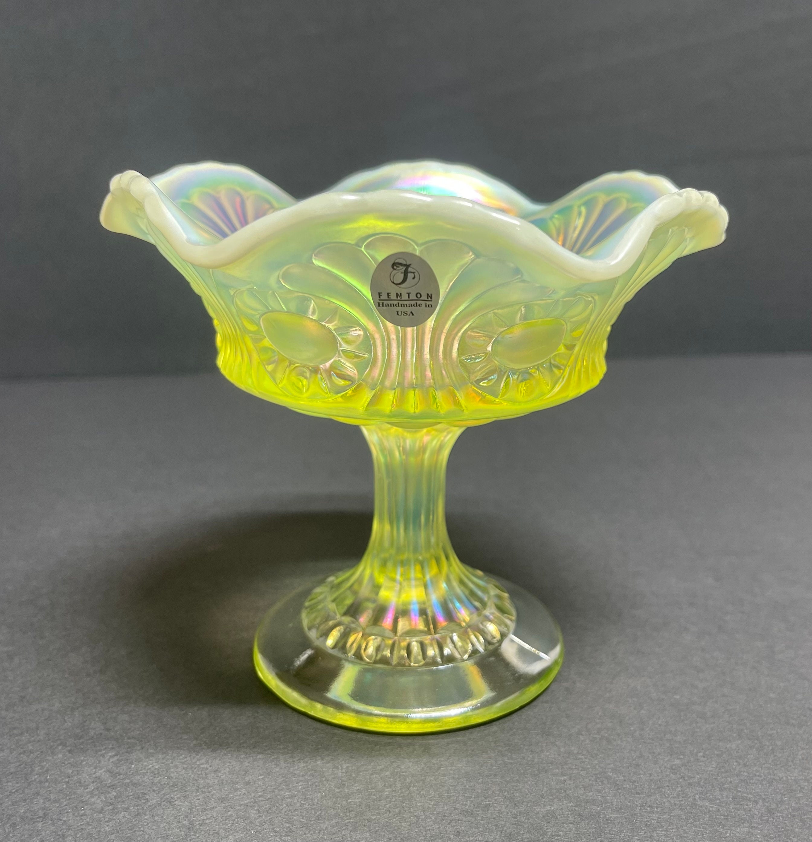 Fenton Topaz Opalescent Iridescent Glass Footed Compote Dish Eye Scroll ...