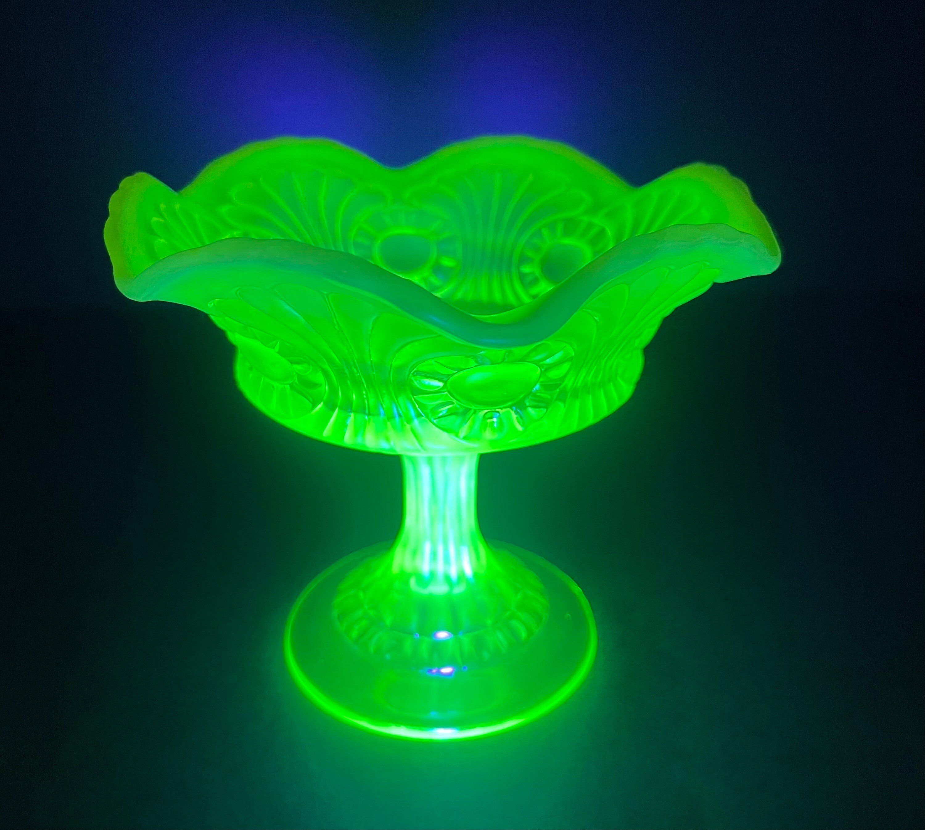 Fenton Topaz Opalescent Iridescent Glass Footed Compote Dish Eye Scroll ...