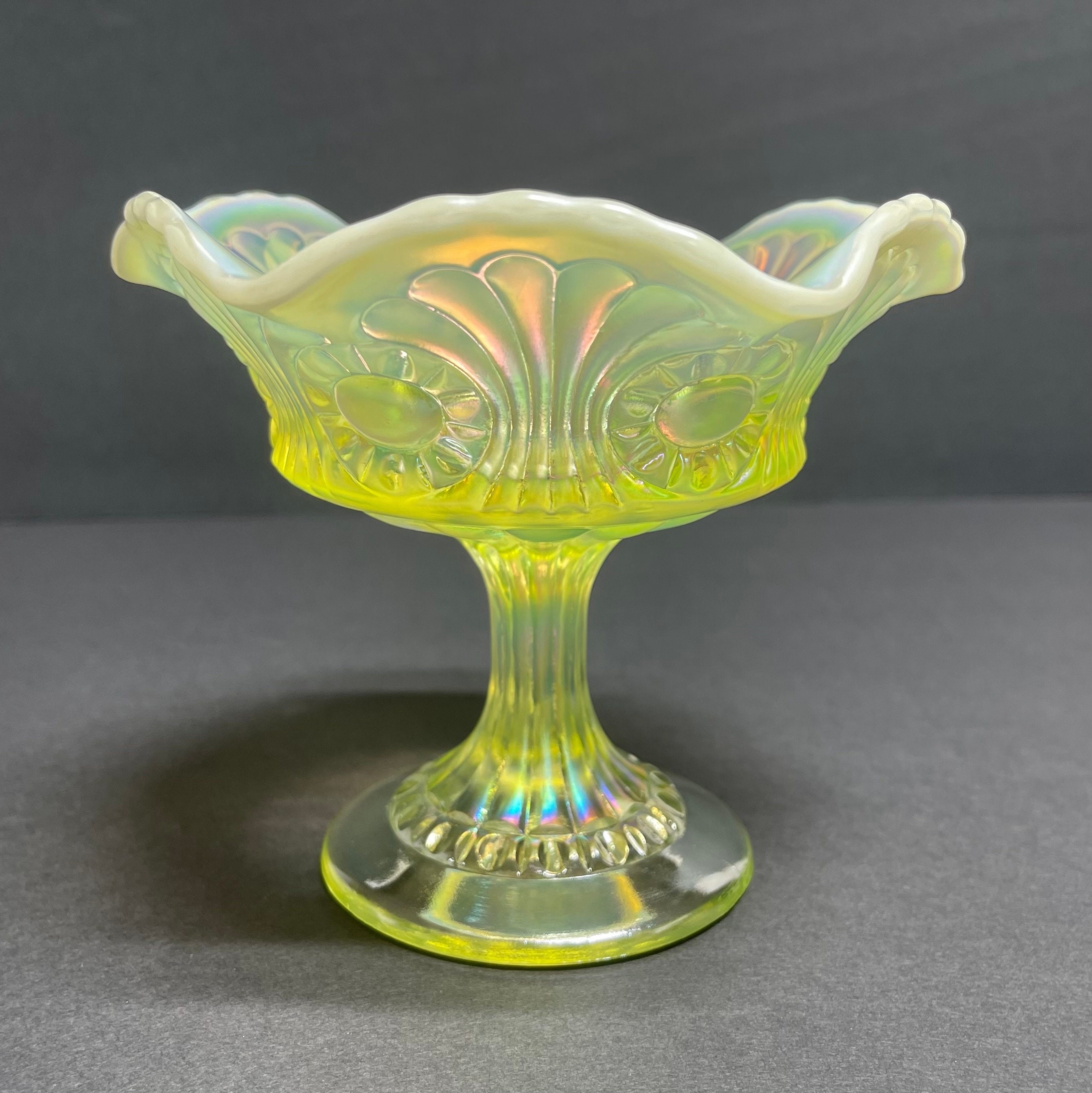 Fenton Topaz Opalescent Iridescent Glass Footed Compote Dish Eye Scroll ...