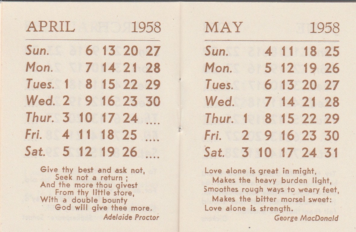 Pre-owned 1958 Pocket Calendar Friendly Thoughts by - Etsy