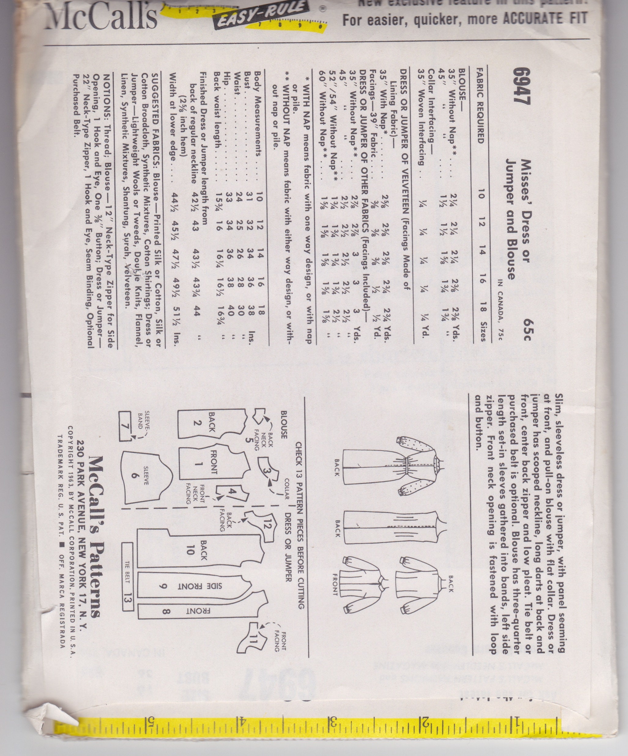 Vintage 1963 Sewing Pattern Mccall's 6947 for - Etsy