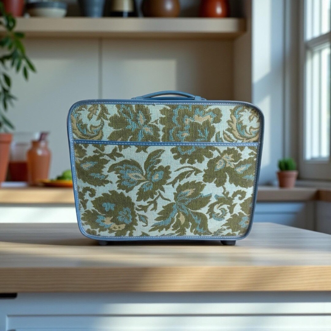 Avon 1960s-1970s Vintage Mod Blue Green Floral Tapestry Carpet Bag Suitcase EUC - Etsy