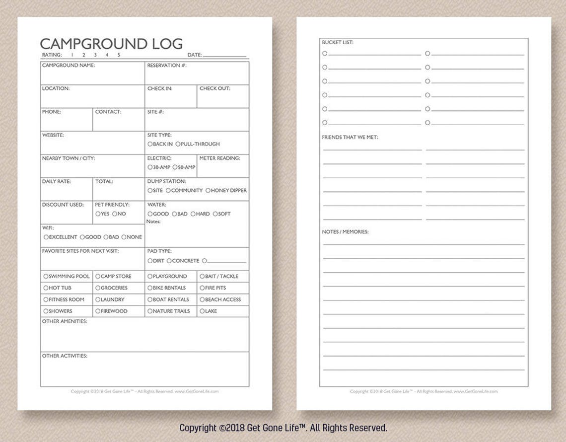 Printable Campground Journal, Camping Log, Camping Journal, Travel ...