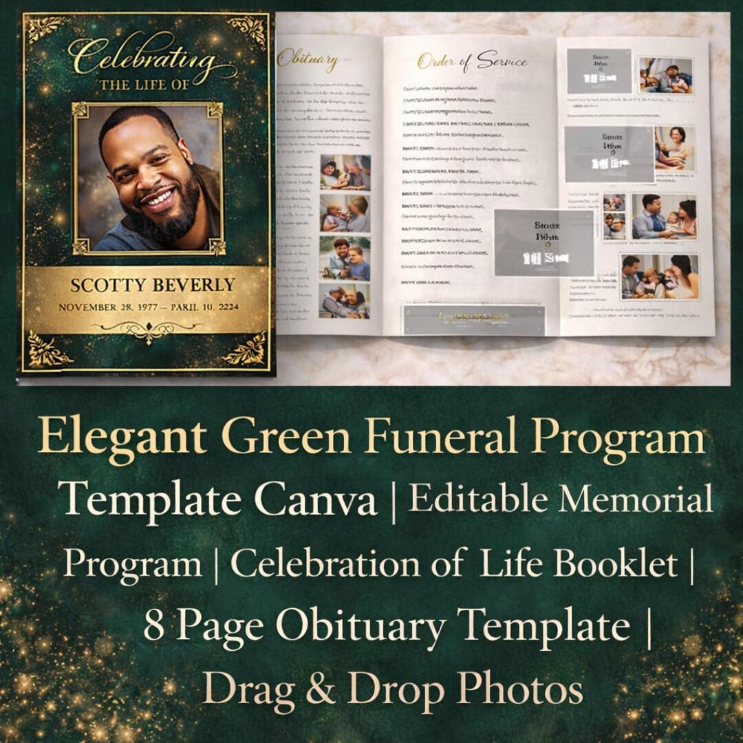 Green Funeral Program Template | Editable Memorial Canva Booklet ...