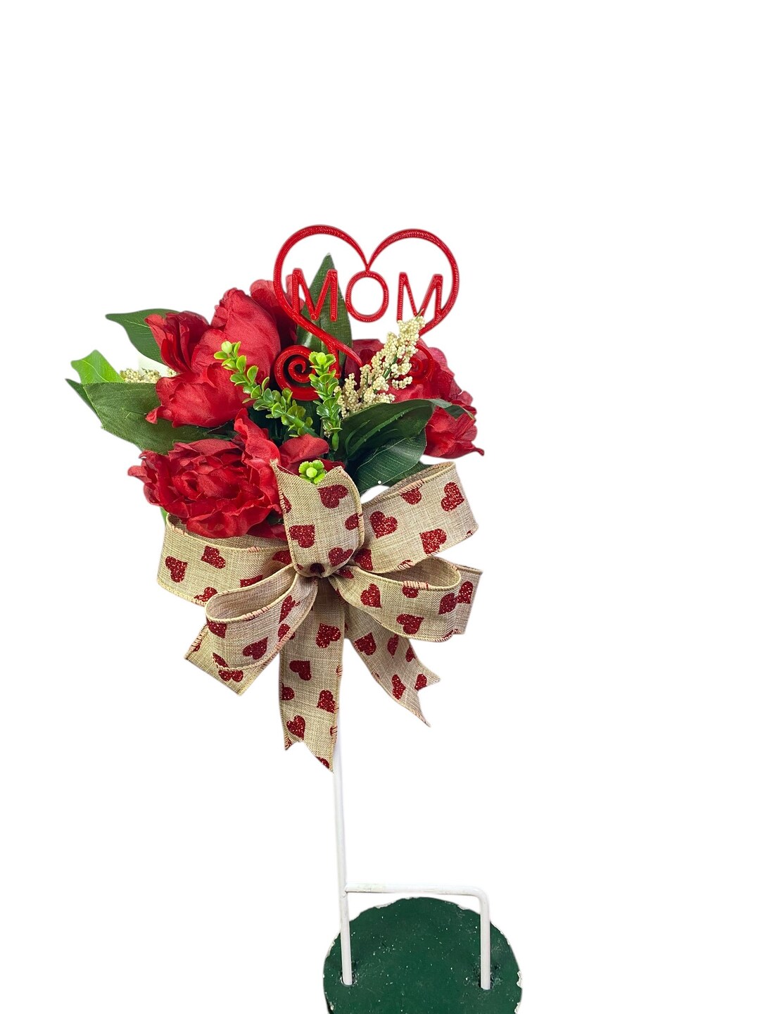 Mom Red Peonies Cemetery Cross Valentine's Day, Memorial Garden Stake ...