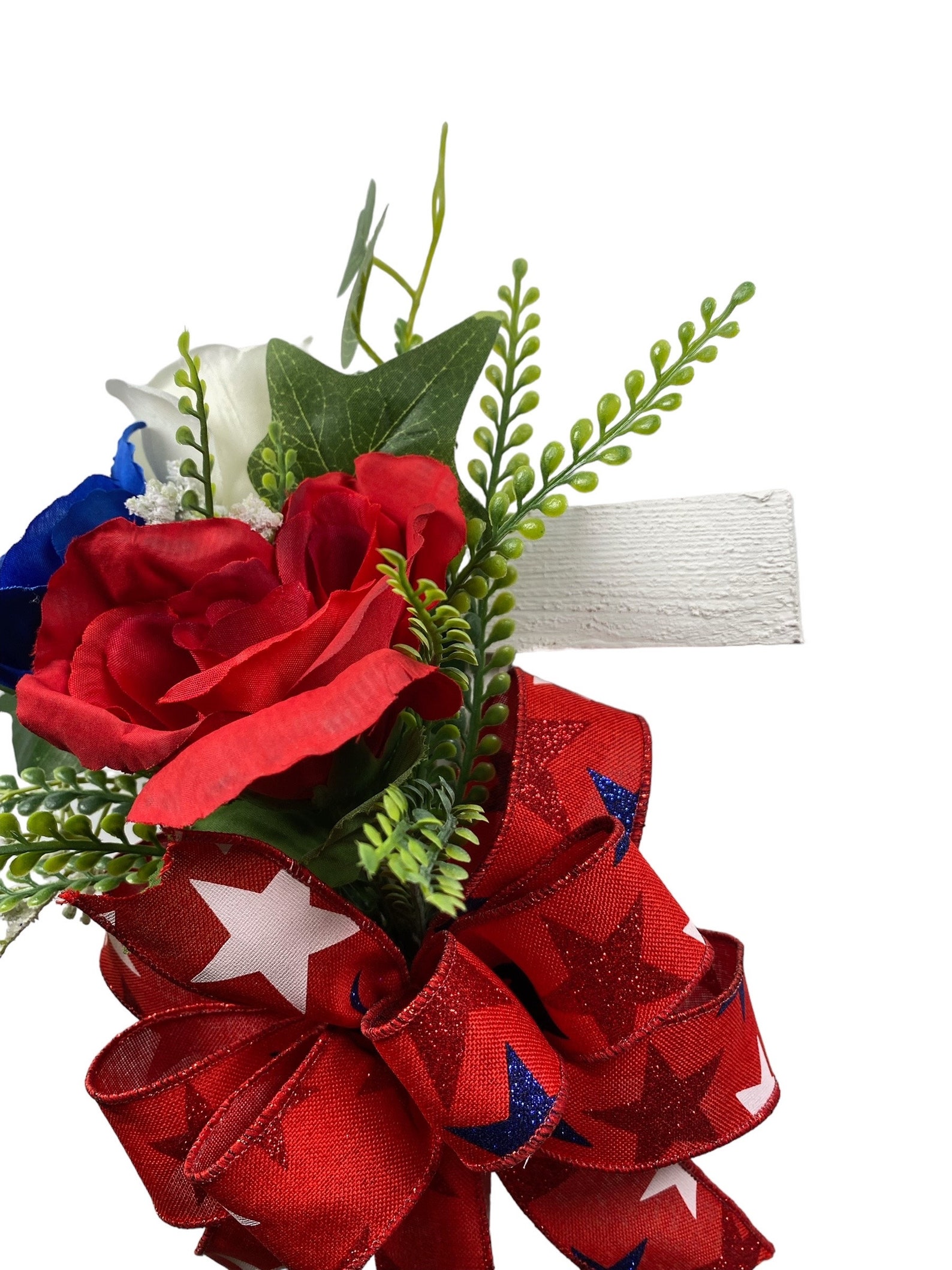 Patriotic Roses on a Wood Cross Cemetery Memorial Garden Flower Stake ...