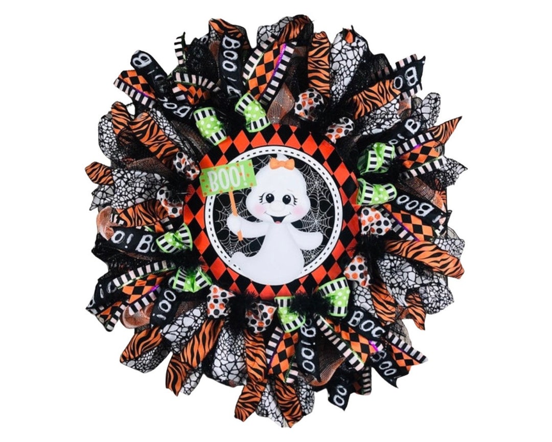 Halloween Boo Wreath for Front Door, Halloween Wreath, Friendly Ghost ...