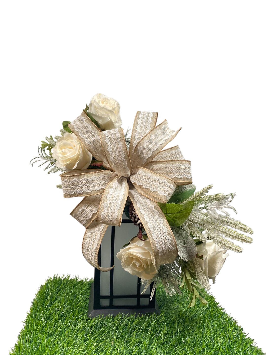 Winter White Rose LED Lantern Swag: Pine Cones & Wired Ribbon - Etsy