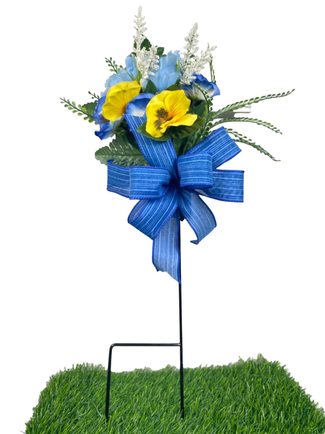 Blue Peony With Yellow and Blue Pansies Cemetery Wood Cross Memorial ...