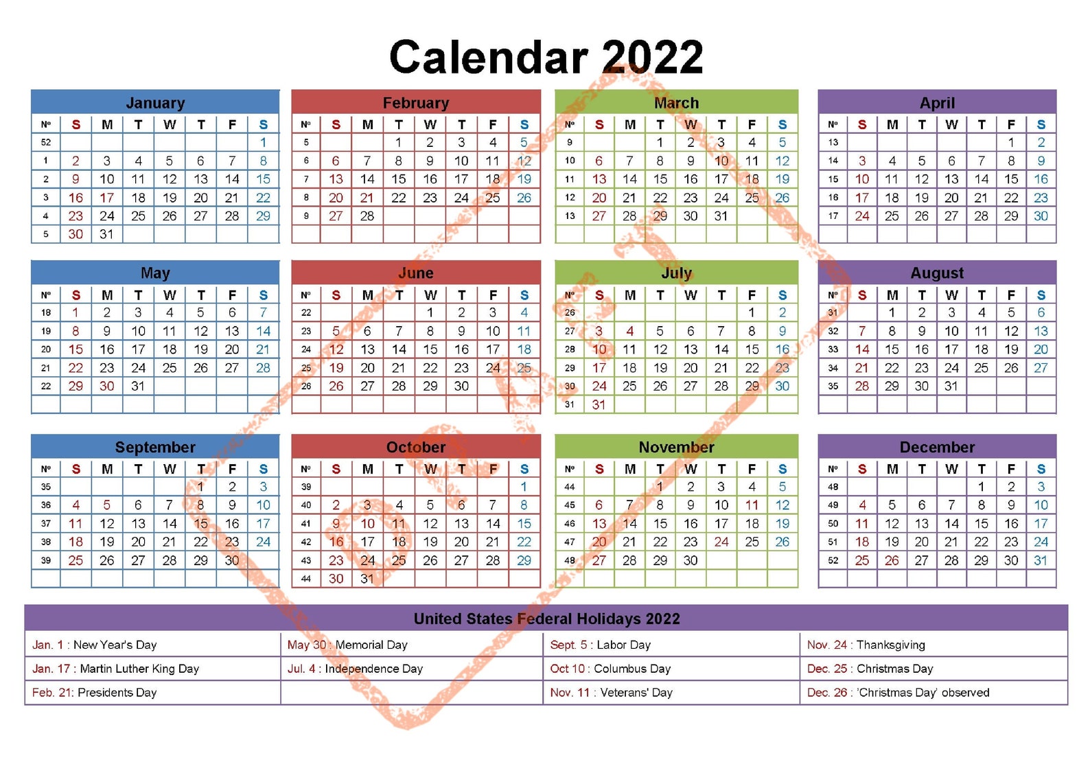 Free Printable 2022 Calendar With Holidays Pdf Png Free Download
