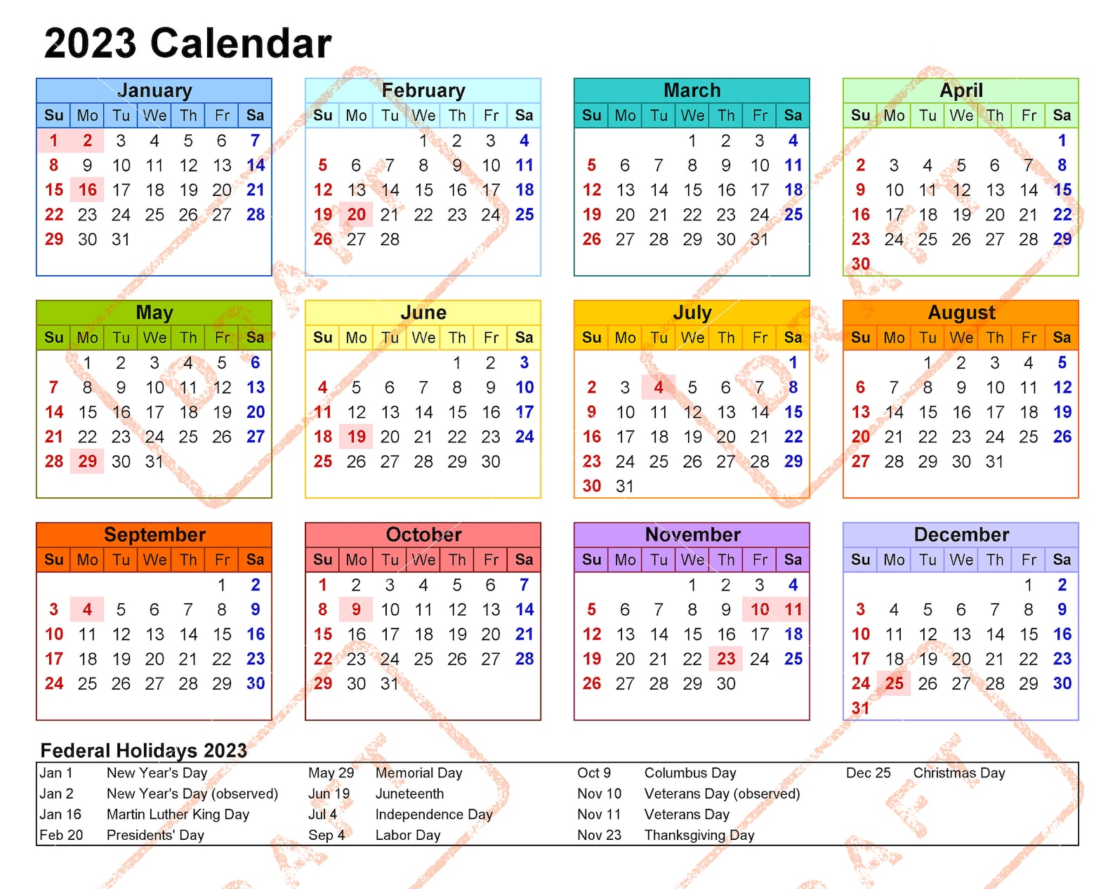 2023 Colorful Calendar Printable, Yearly Calendar, 12-months Calendar ...