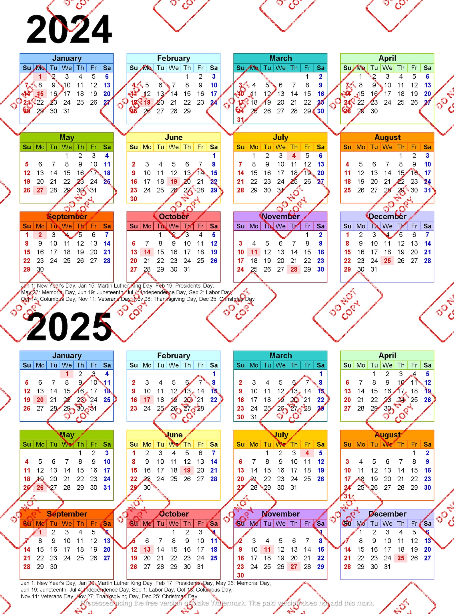 2024-2025 Colorful Calendar Printable, Yearly Calendar, 12-months ...