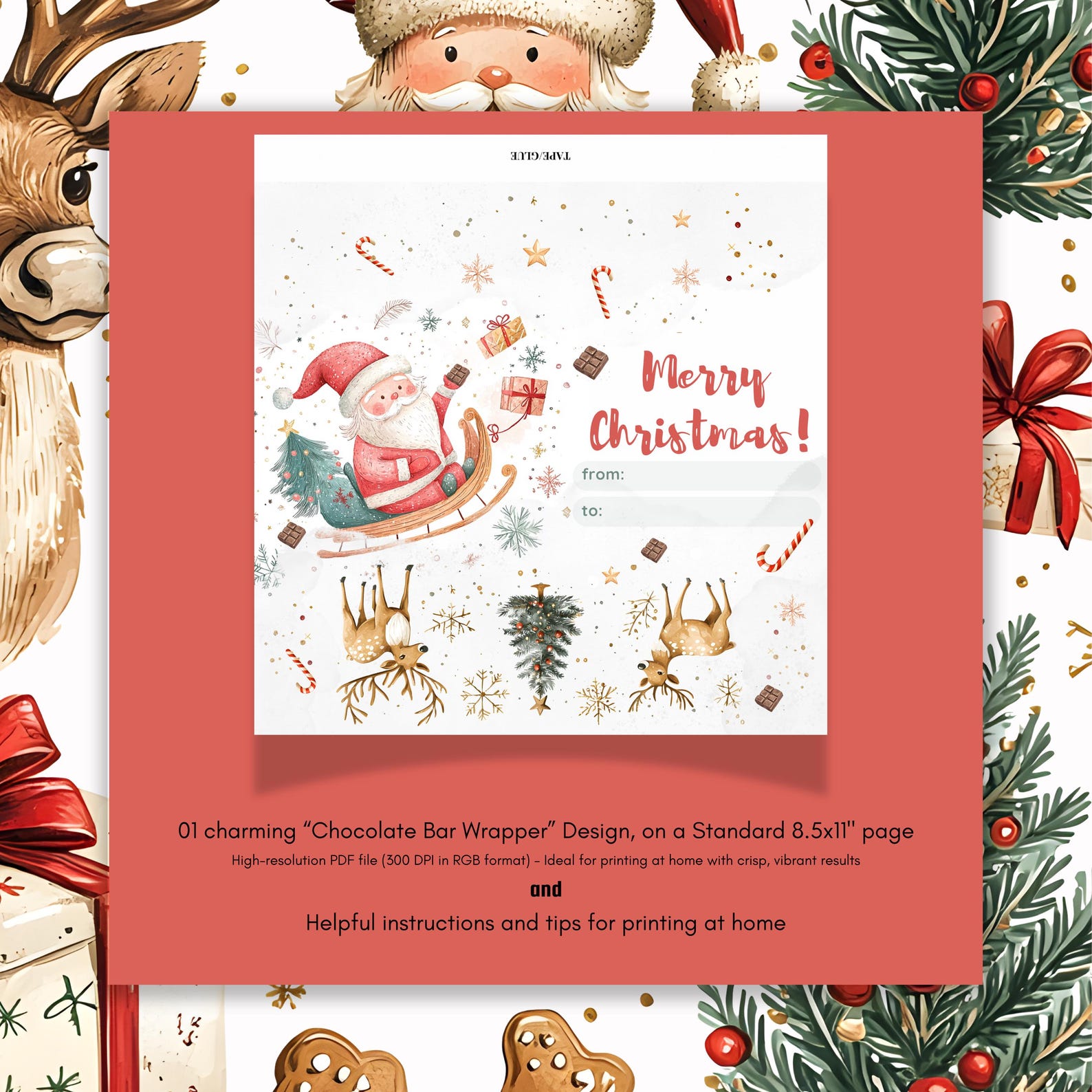Christmas Chocolate Bar Wrapper Template: Santa Sleigh Design (instant ...