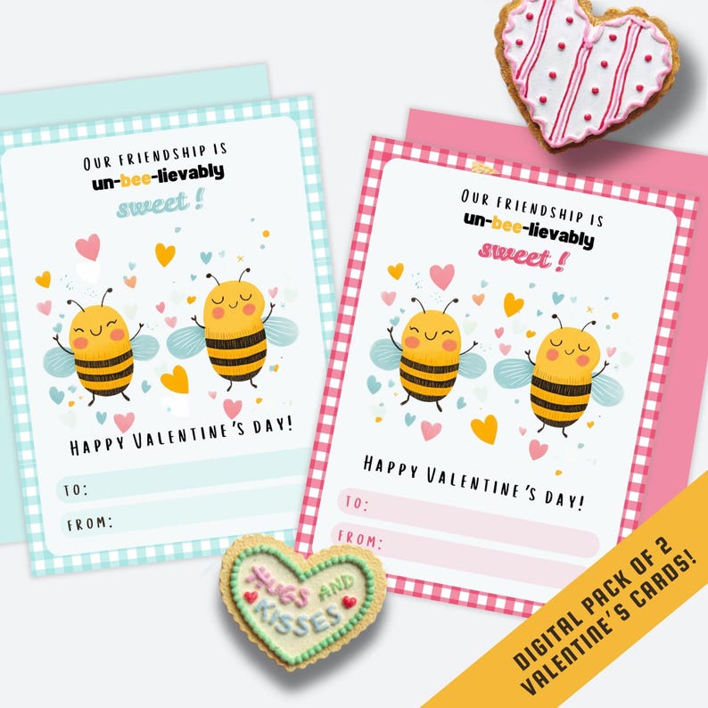 Valentine's Day Cards for Kids: Printable Bee Classroom Card (digital ...