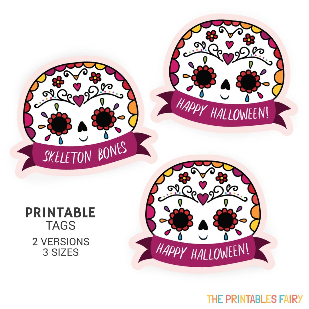 Sugar Skull Halloween Gift Tags. Skeleton Bones Treat Bag Toppers. Bag ...