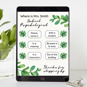 School Psychologist Office Door Sign, Greenery, Canva Template ...